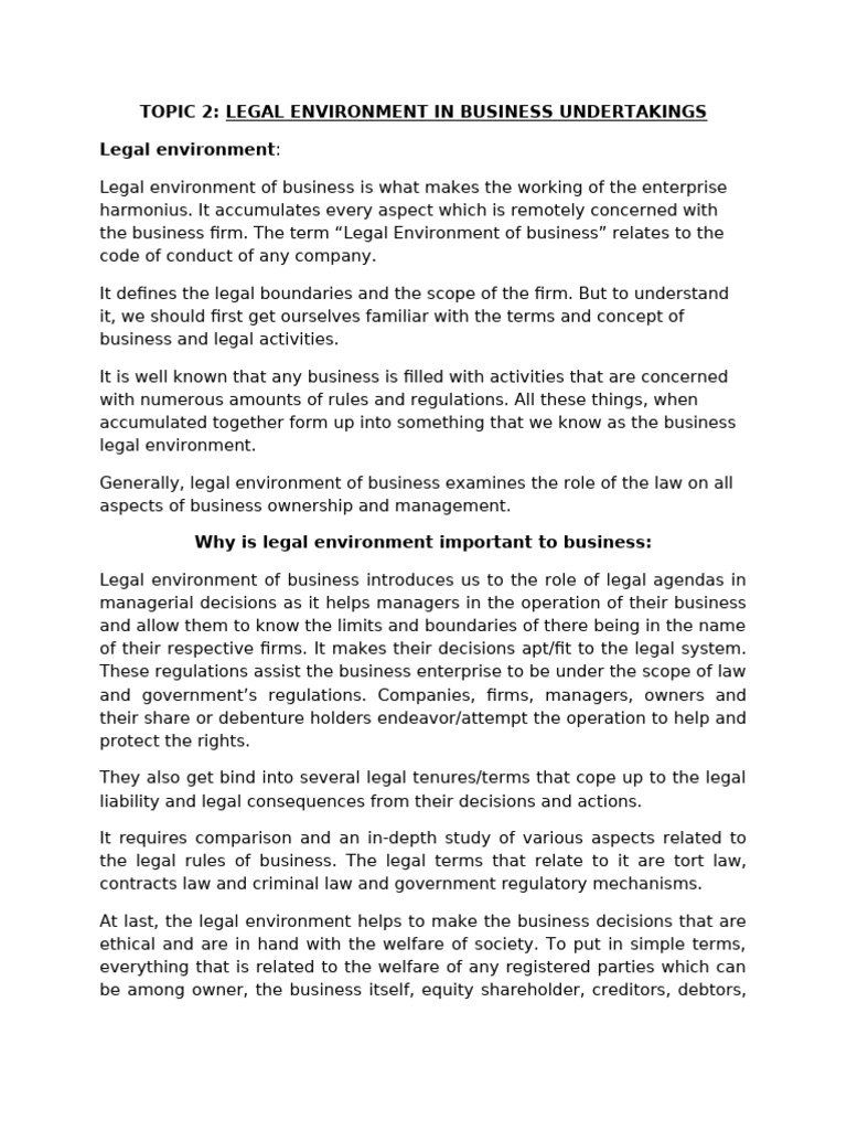 TOPIC 2 - LEGAL ENVIRONMENT IN BUSINESS | PDF | Economies | Business