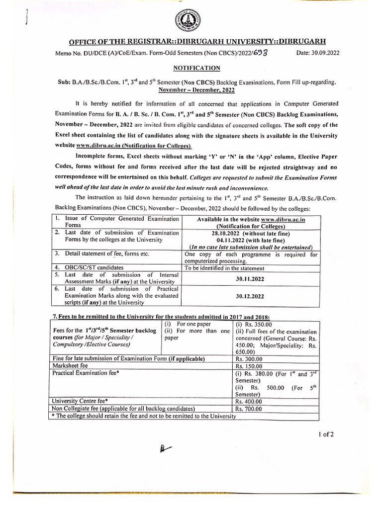 Non CBCS 1ST 3RD 5TH Sem Form Fill Up Notification 2022 | PDF