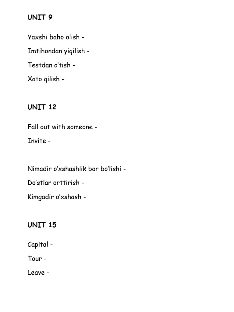 Vocab Test - A1 Unit 9-42 | PDF