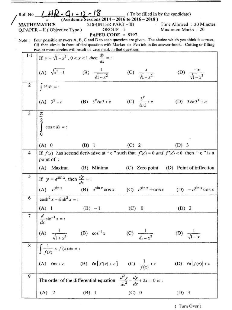 Mathematics 12 LHR (G1 G2) 18 | PDF