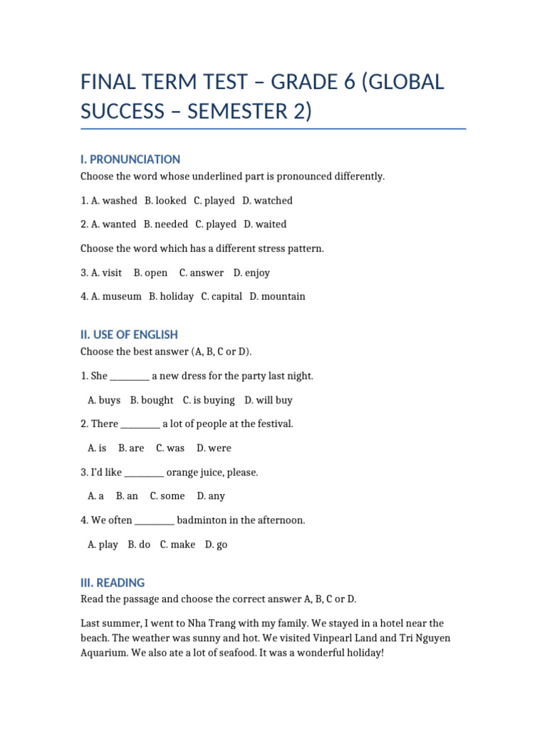 Grade 6 Final Term Test Guide | PDF