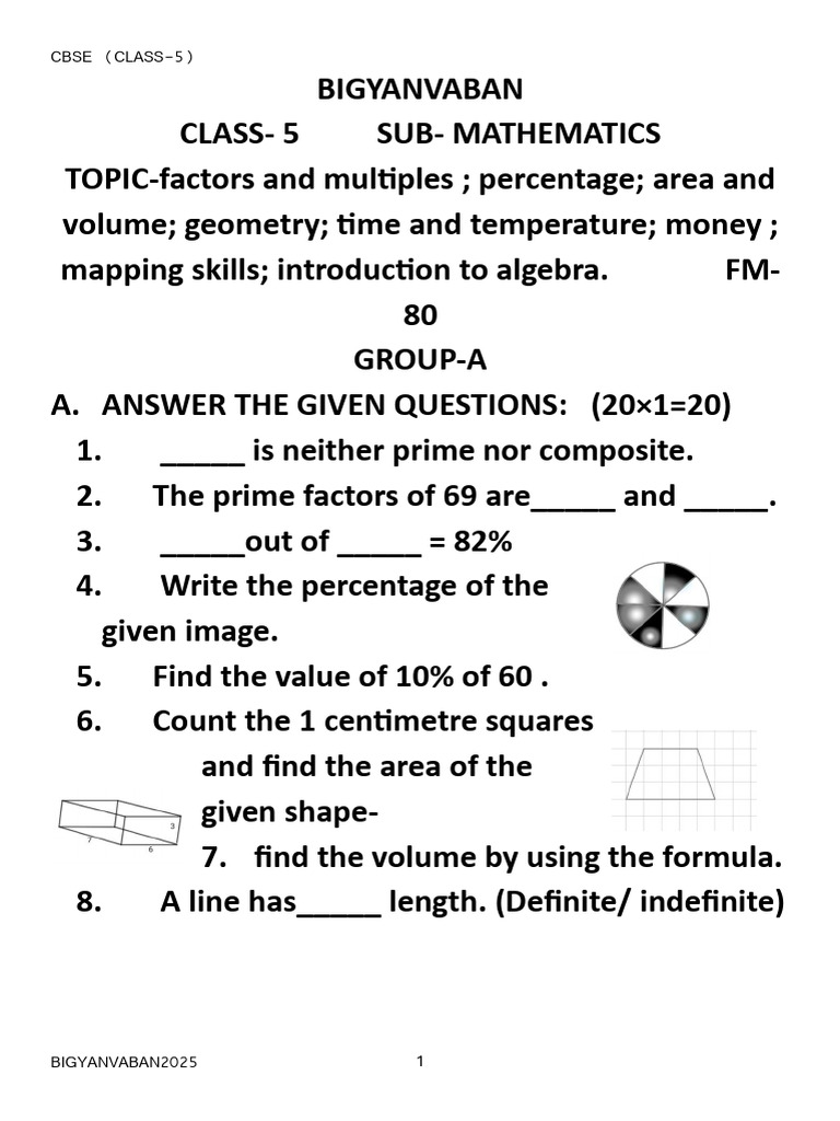 Class 5 Mathematics Question Paper | PDF | Area | Elementary Mathematics