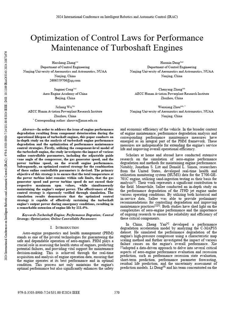 Optimization of Control Laws For Performance Maintenance of Turboshaft ...
