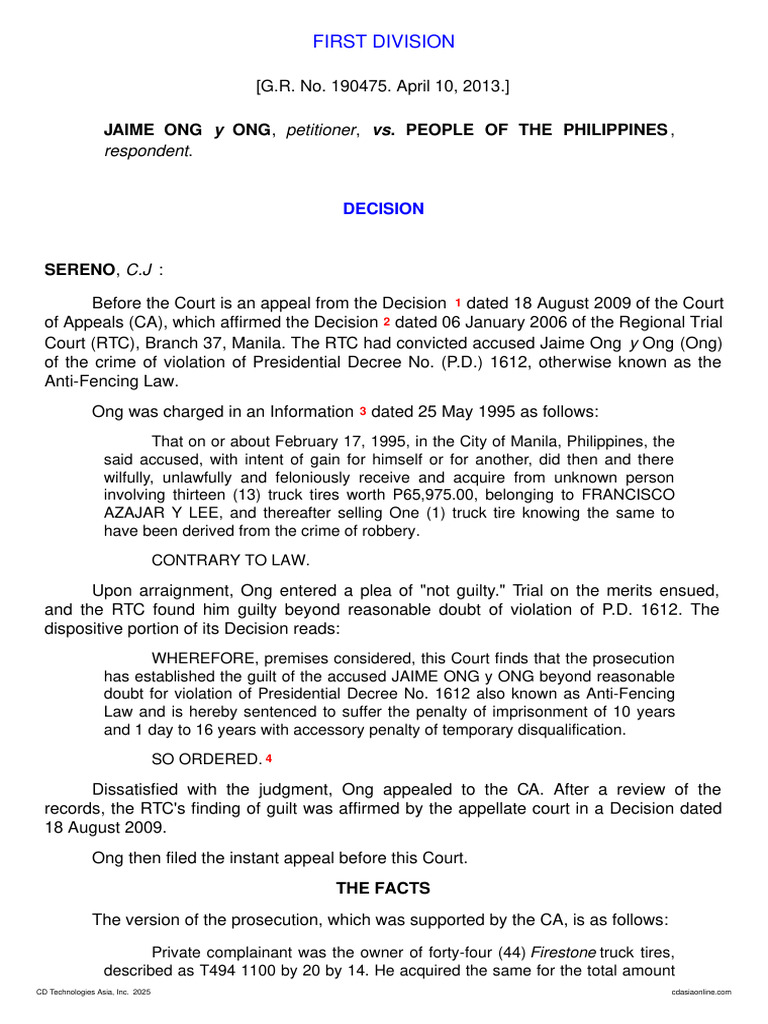 Jaime Ong Anti-Fencing Law Case Summary | PDF | Theft | Robbery