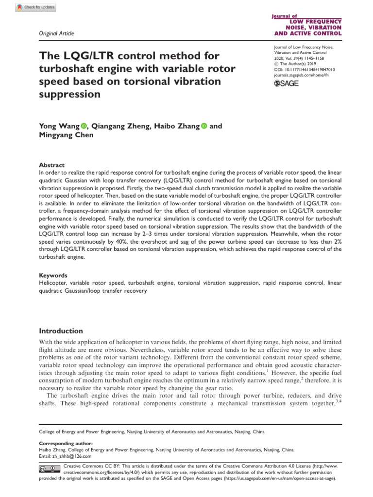 Wang Et Al 2019 The LQG LTR Control Method For Turboshaft Engine With Variable Rotor Speed Based ...