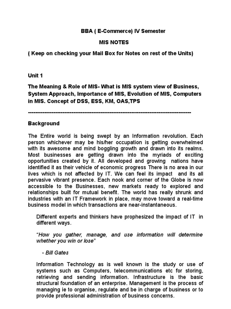 BBA Sem 4 MIS Notes Unit One | PDF | Management Information System ...