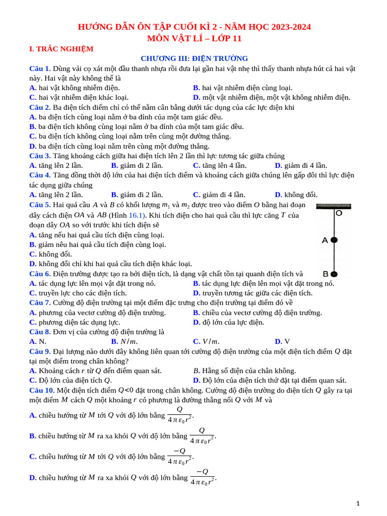 LÍ11.HƯỚNG DẪN ÔN TẬP KTCKII.23-24 | PDF