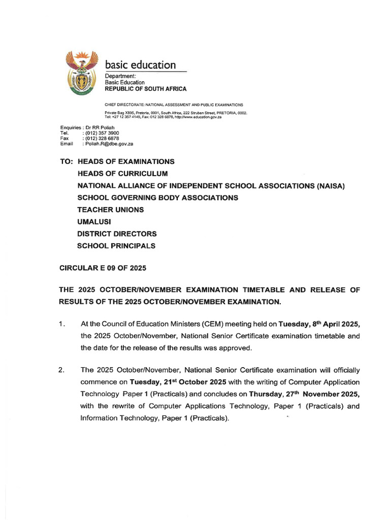 Circular E09 of 2025 The 2025 Oct-Nov ExaminatIon Timetable and Release of Results of The 2025 ...