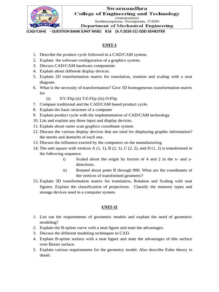 Cadcam Question Bank | PDF | Computer Aided Design | Geometry