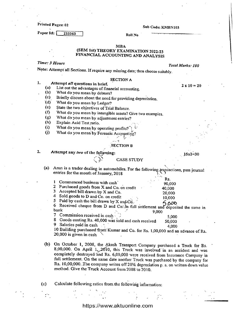 Mba 1 Sem Financial Accounting and Analysis kmbn103 Mar 2023 | PDF