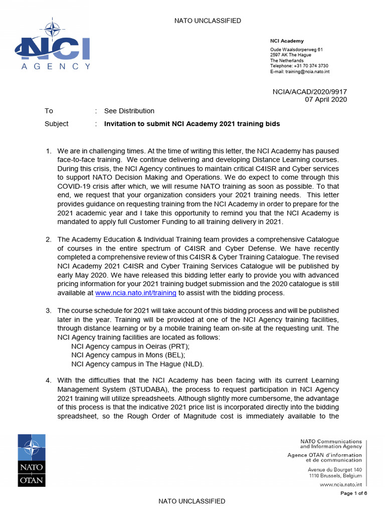 Nci Academy Biddingletter 20200407 | PDF | Military Organization ...