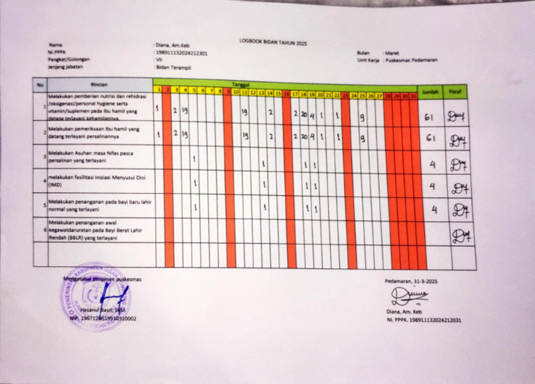 Logbook bidan bulan Maret tahun 2025 | PDF