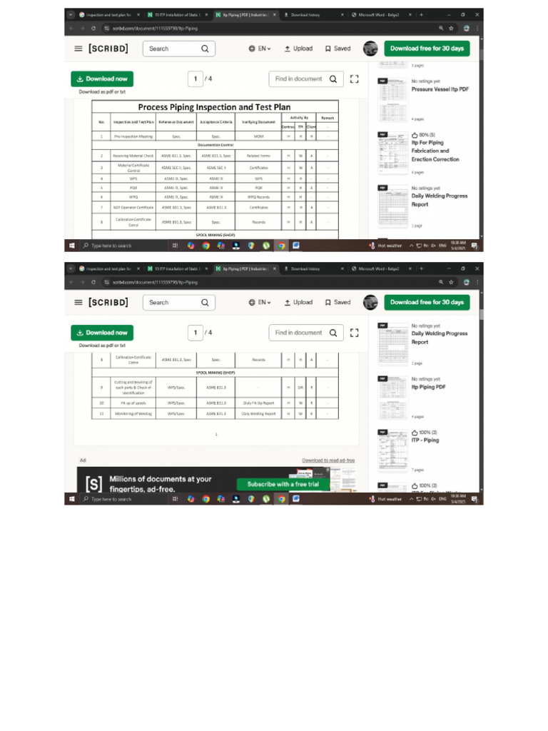 ITP For Piping | PDF