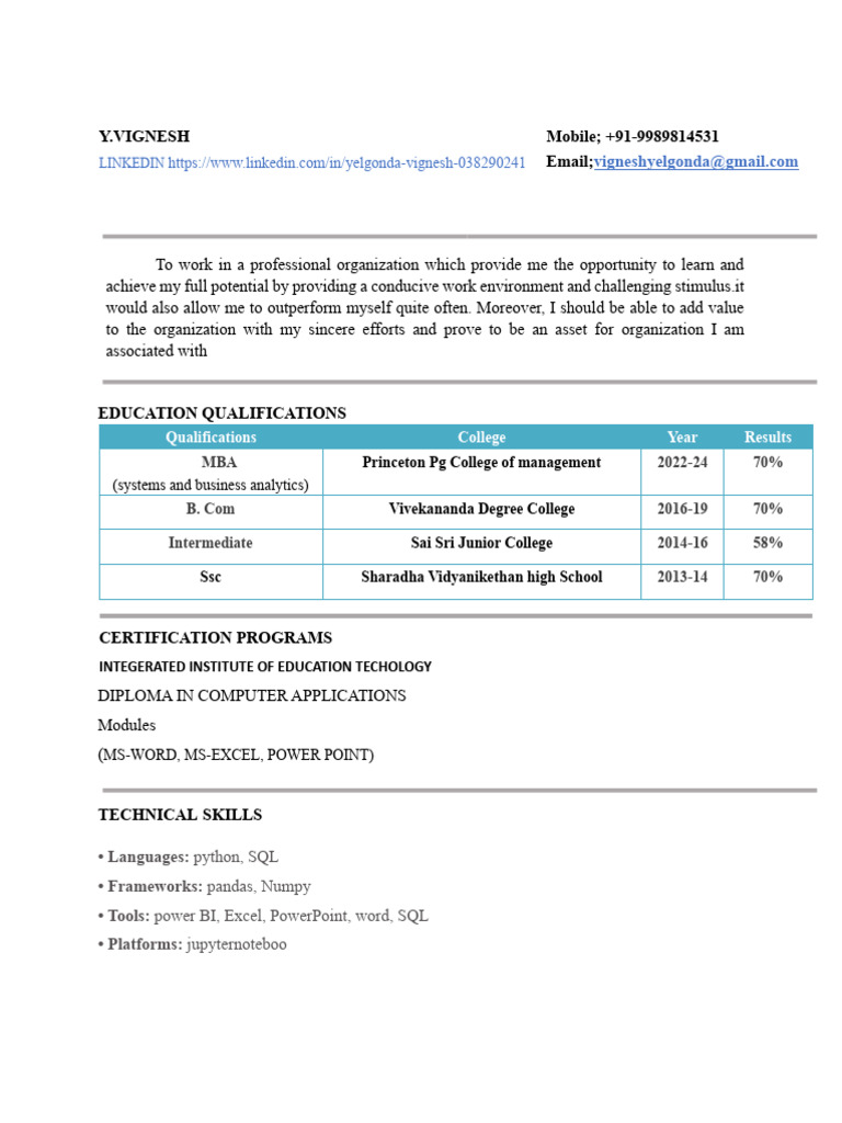 Y.Vignesh Mobile +91-9989814531 Email : Linkedin | PDF