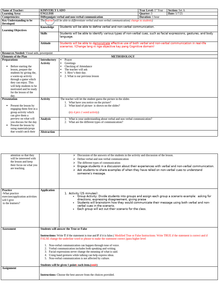 Lesson plan for ranking | PDF | Nonverbal Communication | Communication