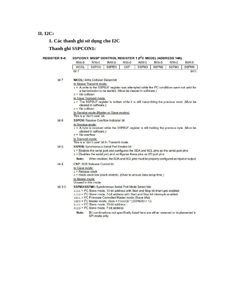 II. I2C: 1. Các Thanh Ghi S D NG Cho I2C Thanh Ghi SSPCON1 | PDF