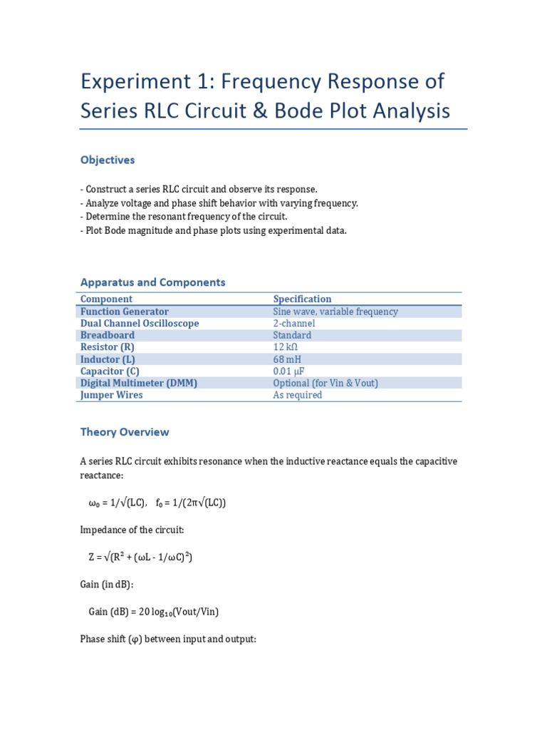 Experiment 1 RLC Bode Plot Lab | PDF | Resonance | Electrical Network