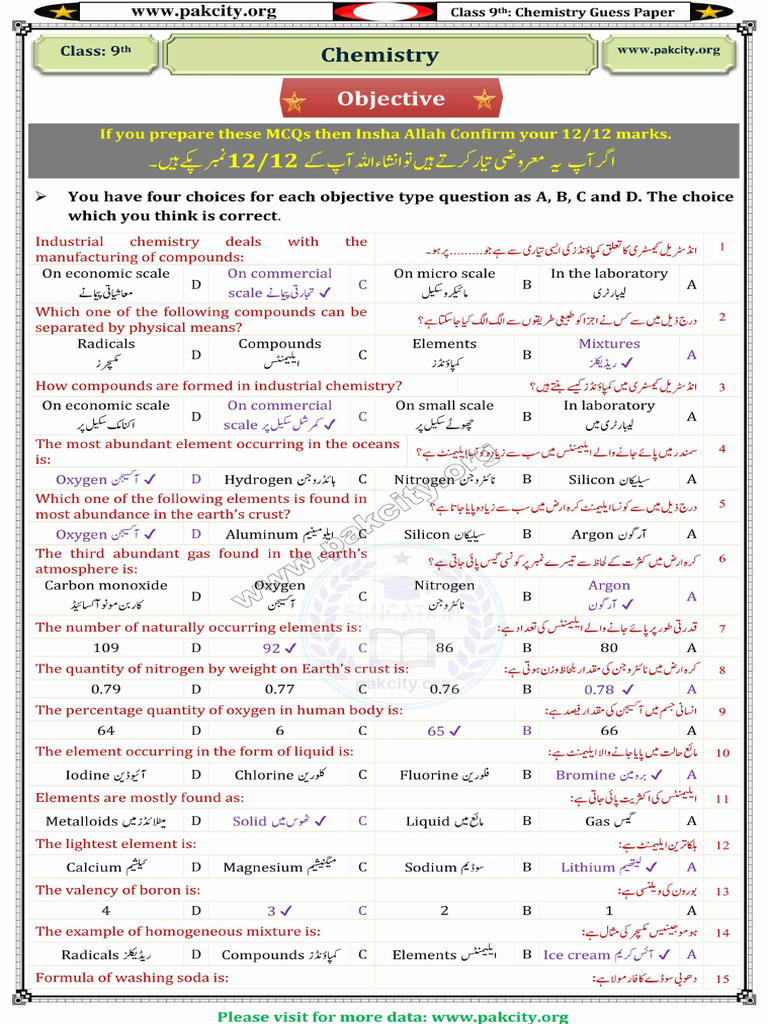 9th Class Chemistry Guess Paper English Medium | PDF
