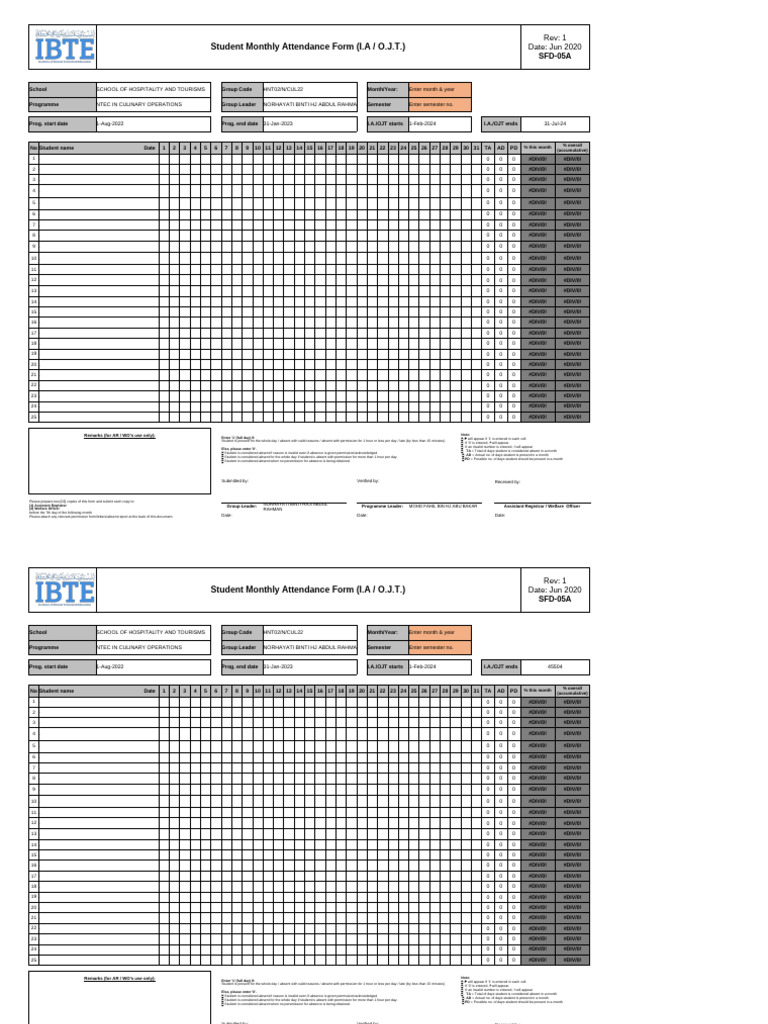 SFD-05A (Rev 1) Student Monthly Attendance Form (IA & OJT) (CUL22) | PDF