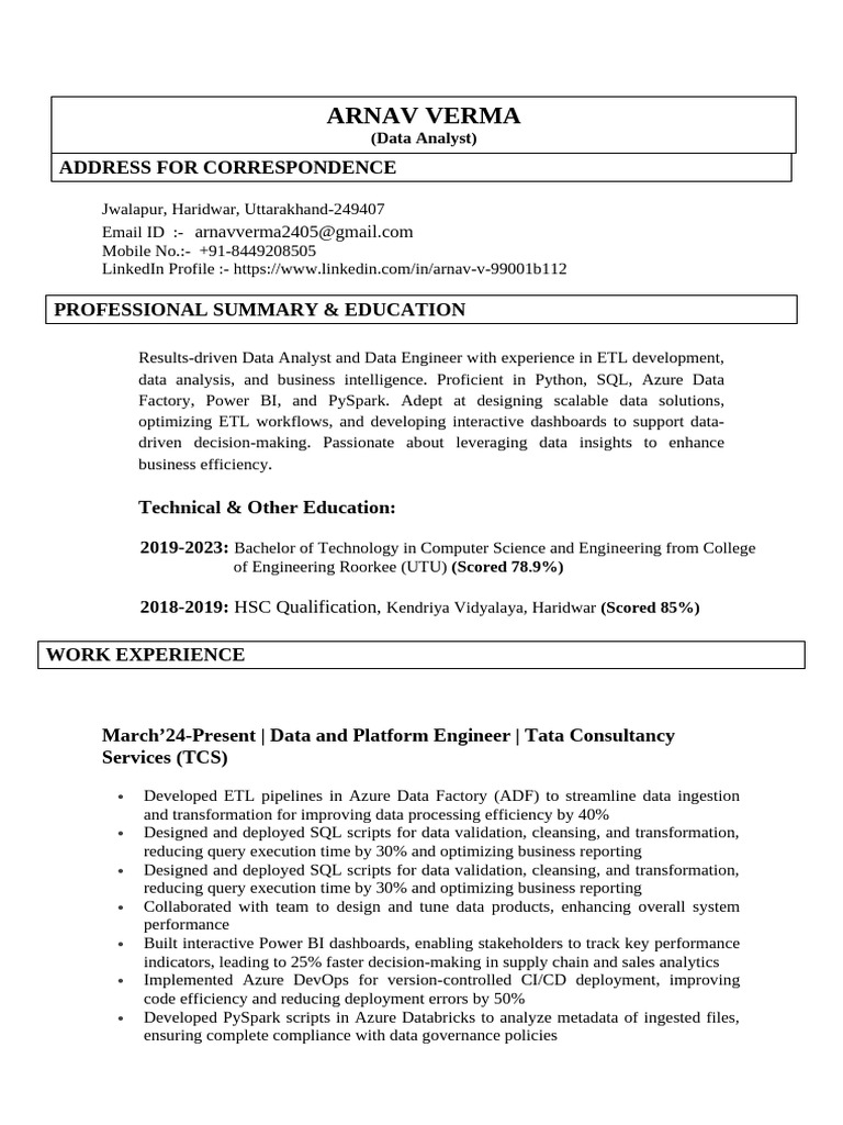 Arnav Verma Data Analyst Resume | PDF | Microsoft Azure | Apache Spark