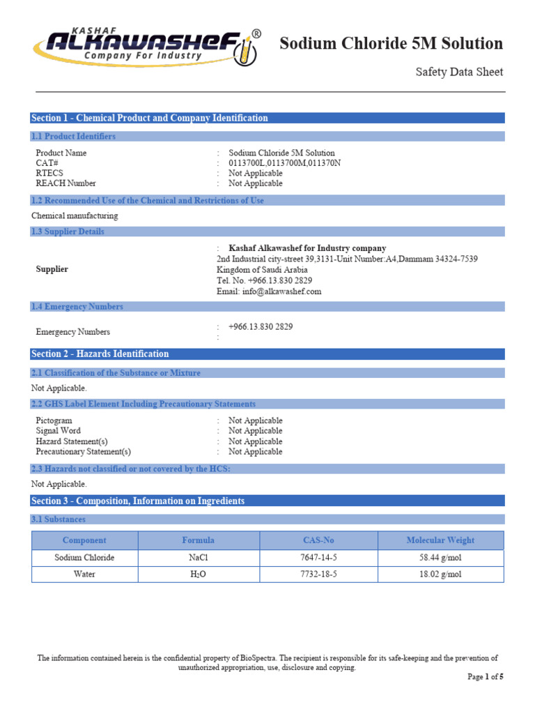 Sodium Chloride 5m Solution | PDF | Personal Protective Equipment ...