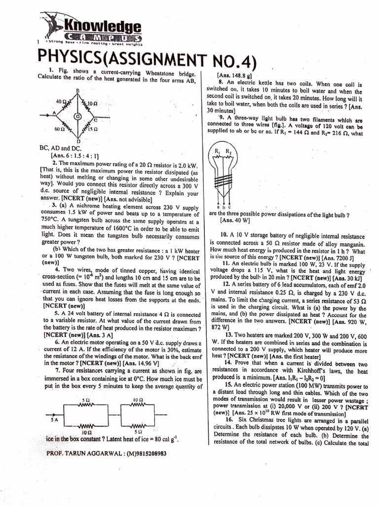 Physics Current Bijli Assignment 3 and 4 | PDF | Metrology | Electrical ...
