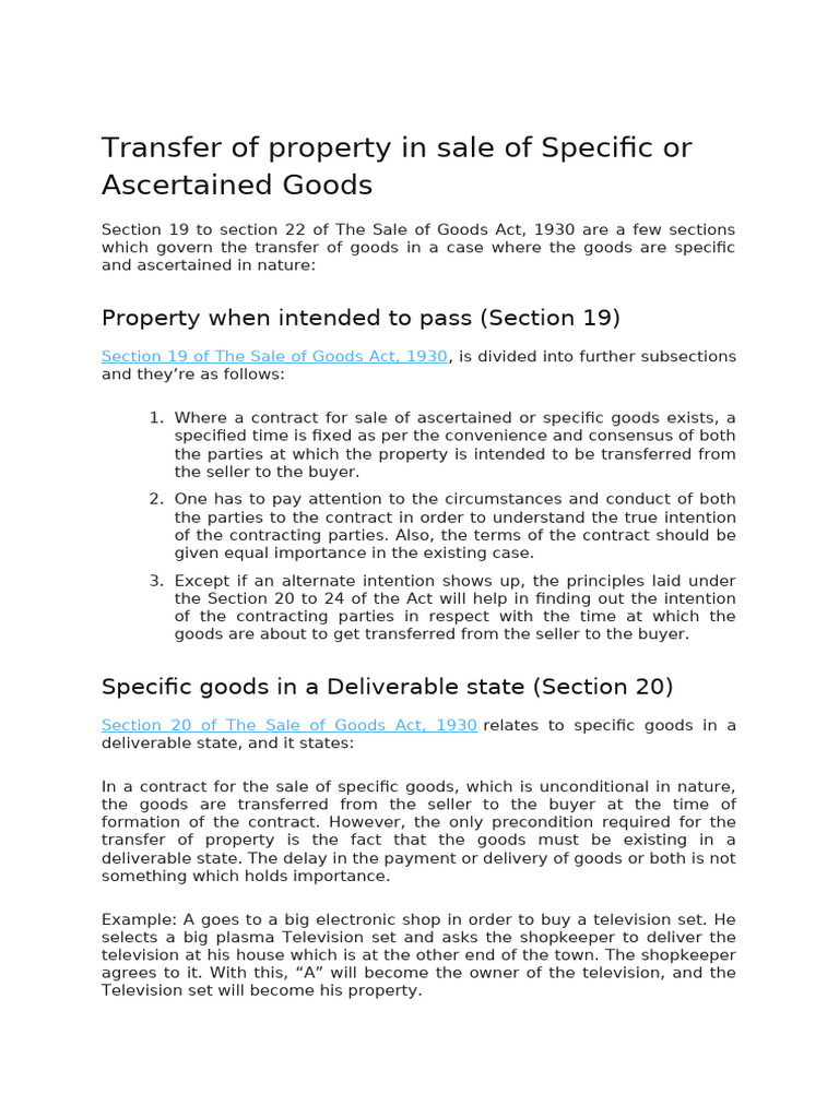 Transfer of Property in Sale of Specific or Ascertained Goods | PDF ...