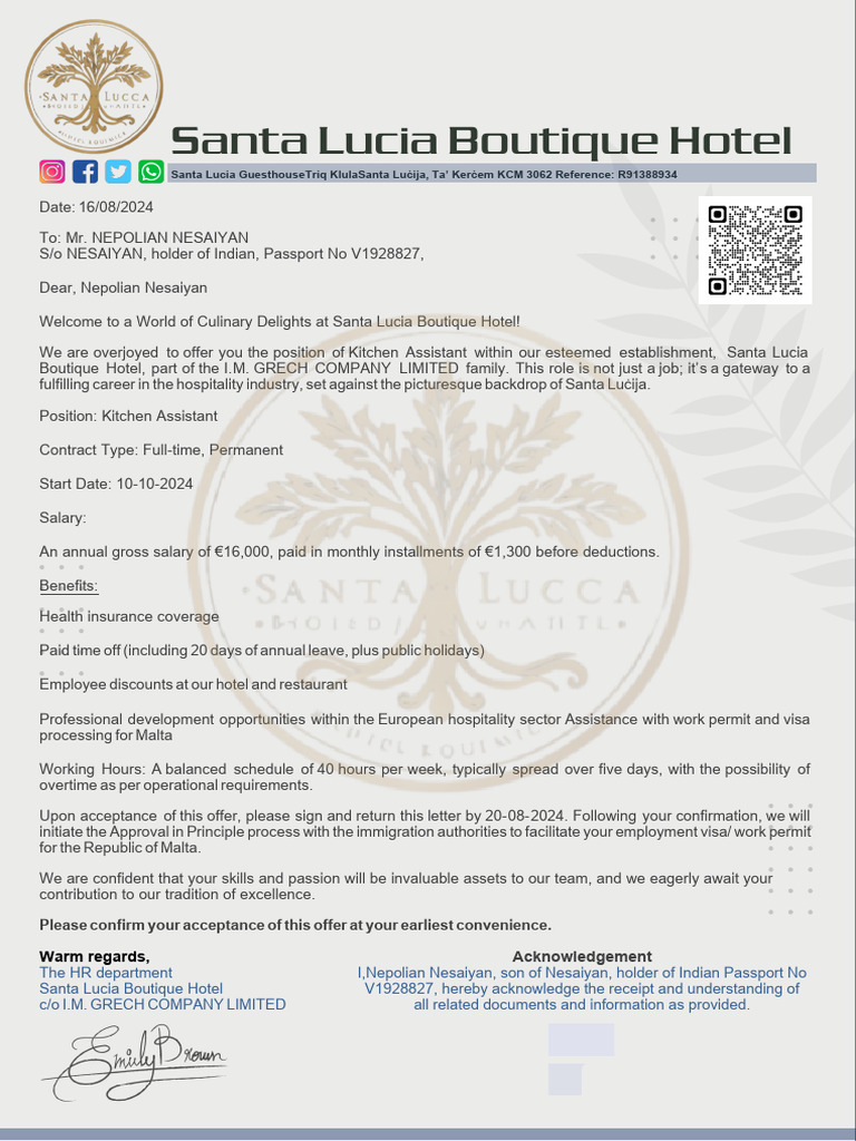 Offer Letter From-Santa Lucia Boutique Hotel - With Digital Signature ...