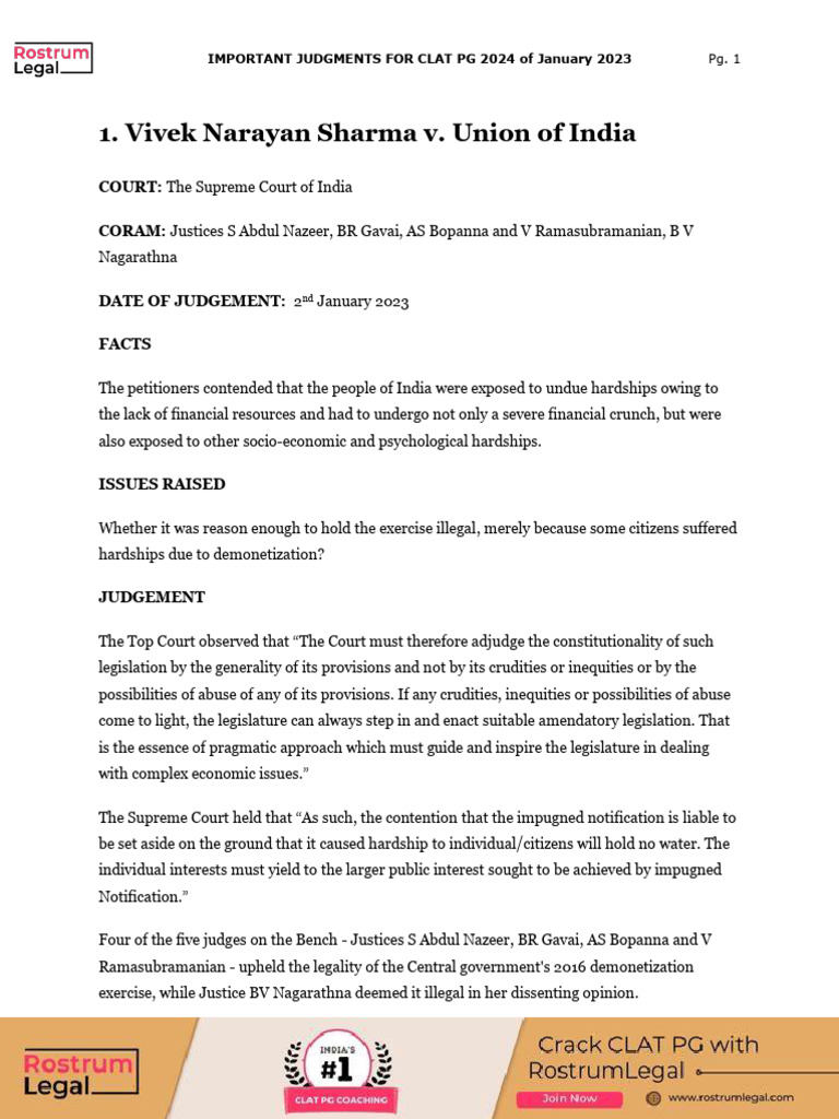 Vivek Narayan Sharma v. Union of India: Court: Coram | PDF | Judgment (Law) | Supreme Court Of ...