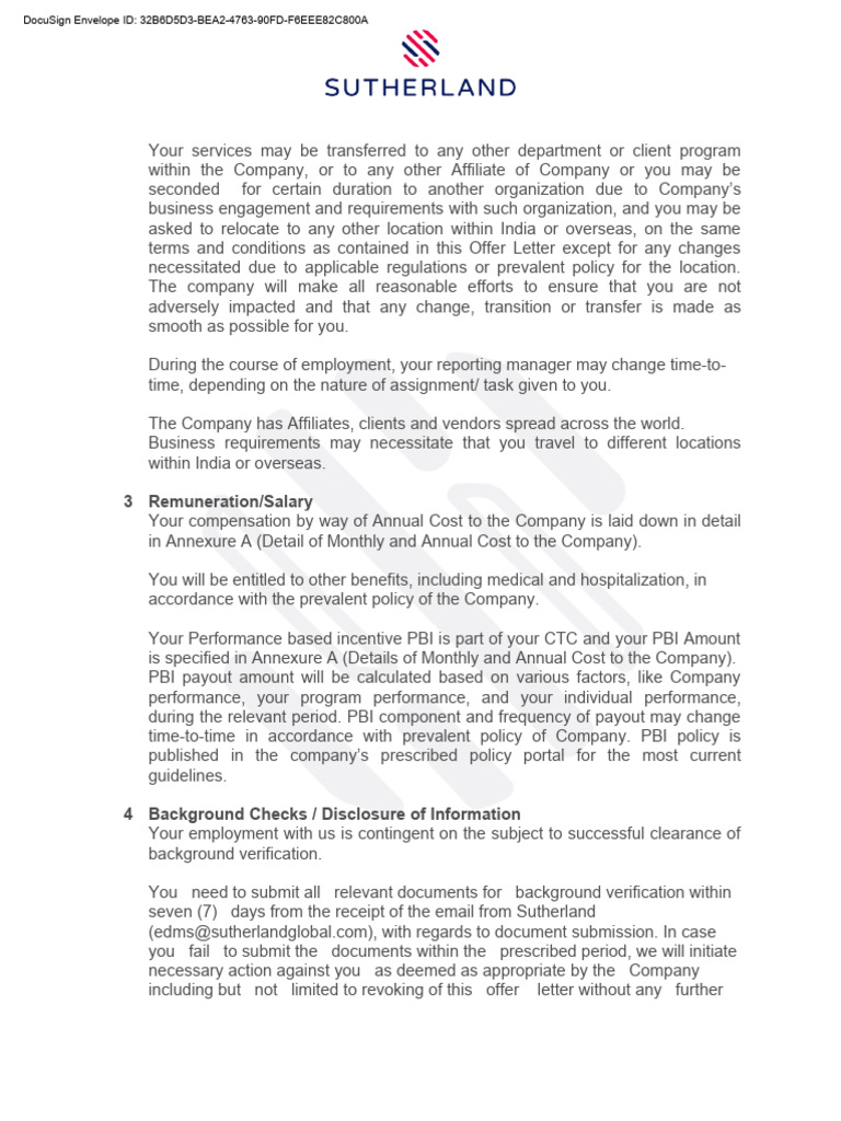 Sutherland Employment Terms Overview | PDF | Background Check | Employment