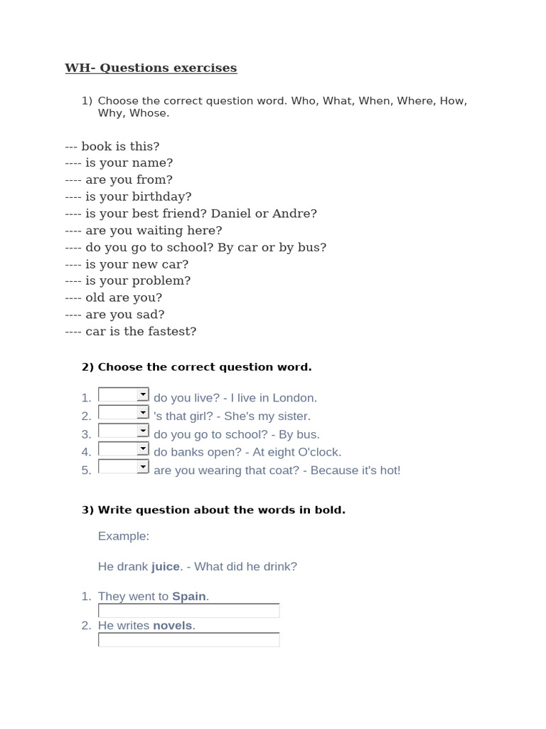WH Questions Practice Exercises | PDF
