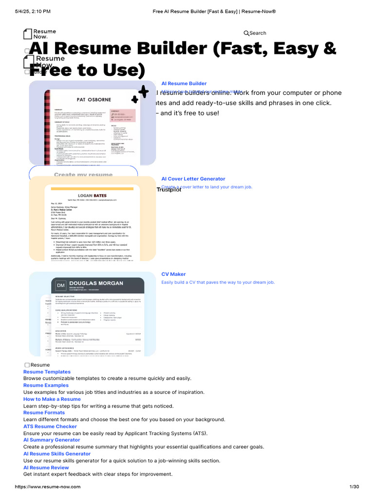 Free AI Resume Builder (Fast & Easy) - Resume-Now® | PDF | Résumé ...