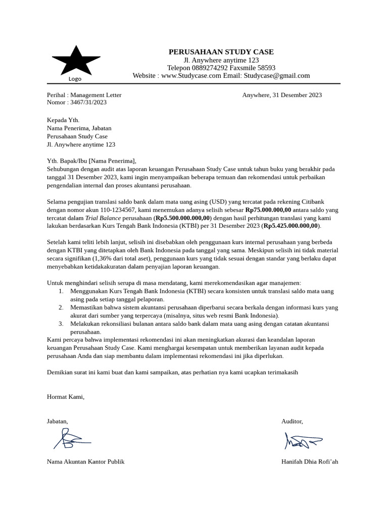 Contoh Surat Management Letter Audit | PDF