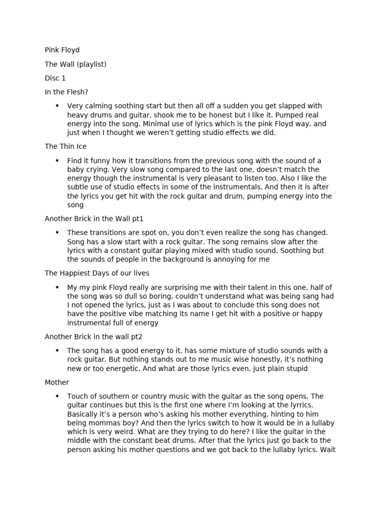 Pink Floyd's The Wall: Track Insights | PDF
