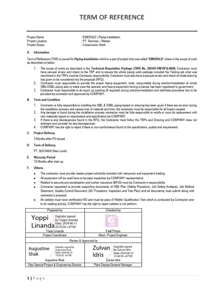 EMERALD Project Piping Installation TOR | PDF