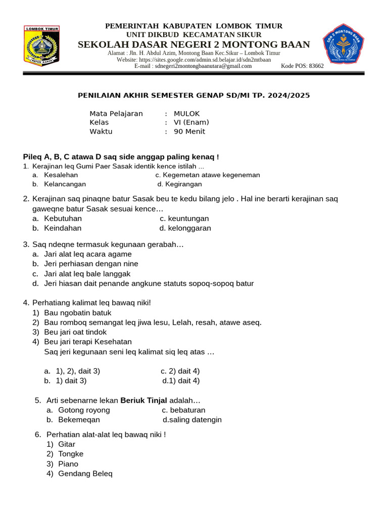 Soal Muatan Lokal Kelas 6 TP 2024-2025 | PDF