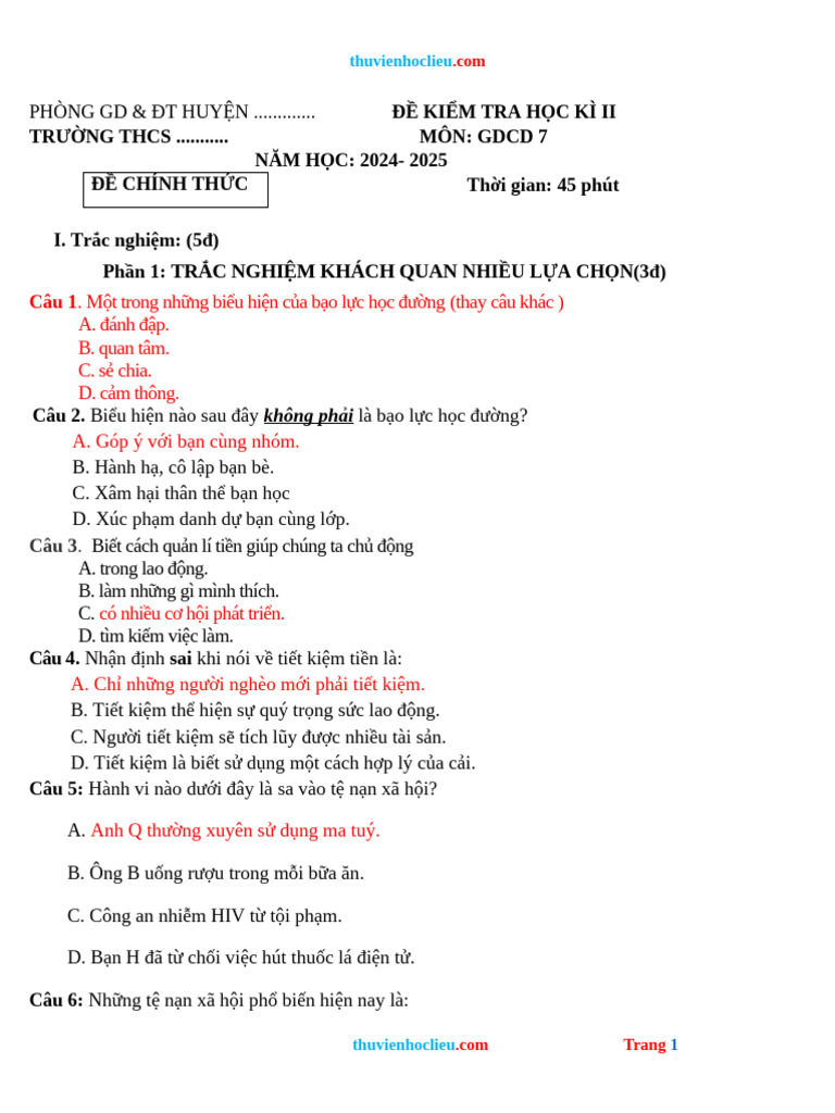 De Kiem Tra HK2 GDCD 7 Nam 24 25 | PDF