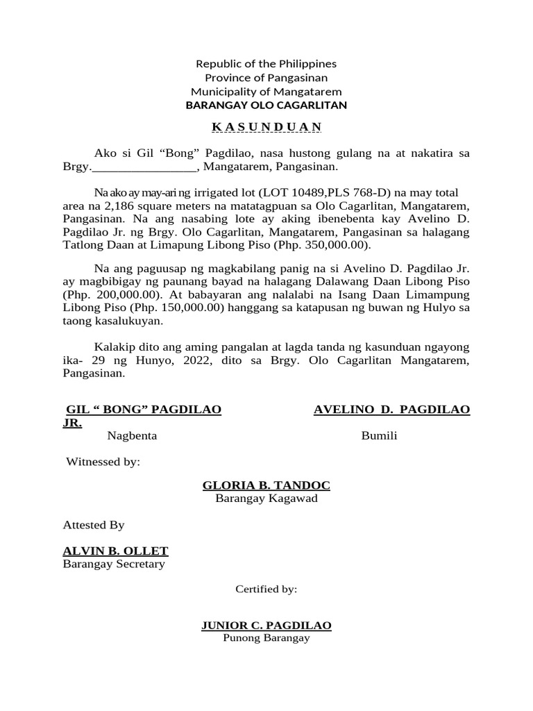 Kasunduan Sa Lupa Nina Avelino Pagdilao at Bong Pagdilao 2022-06-29 | PDF