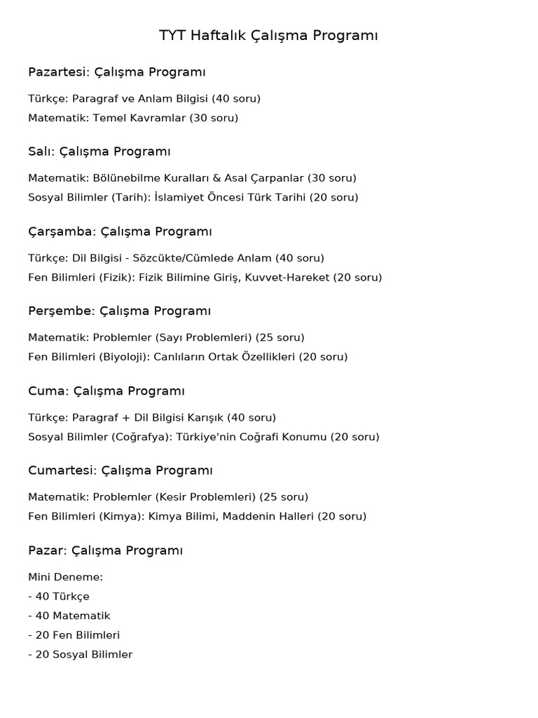 TYT Haftalik Calisma Programi | PDF