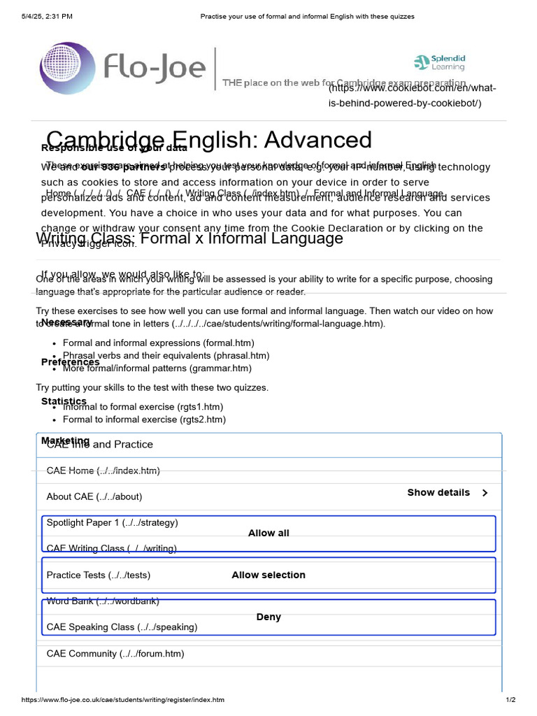 Practise Your Use of Formal and Informal English With These Quizzes | PDF | English Language | Data