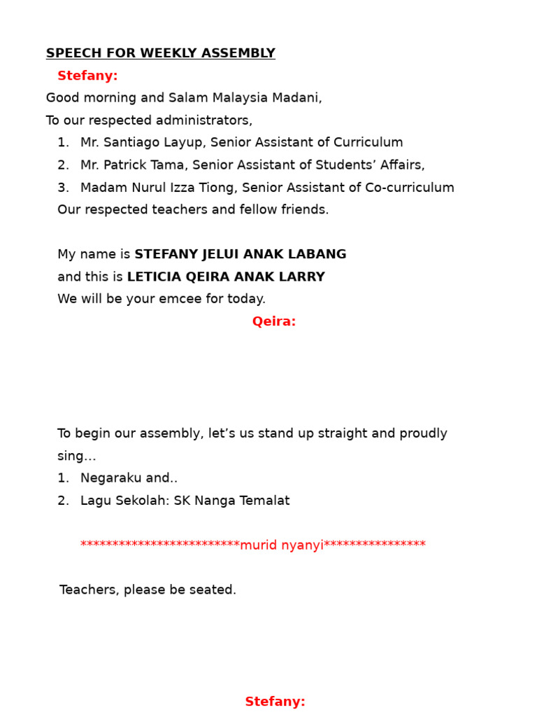 SPEECH FOR WEEKLY ASSEMBLY | PDF