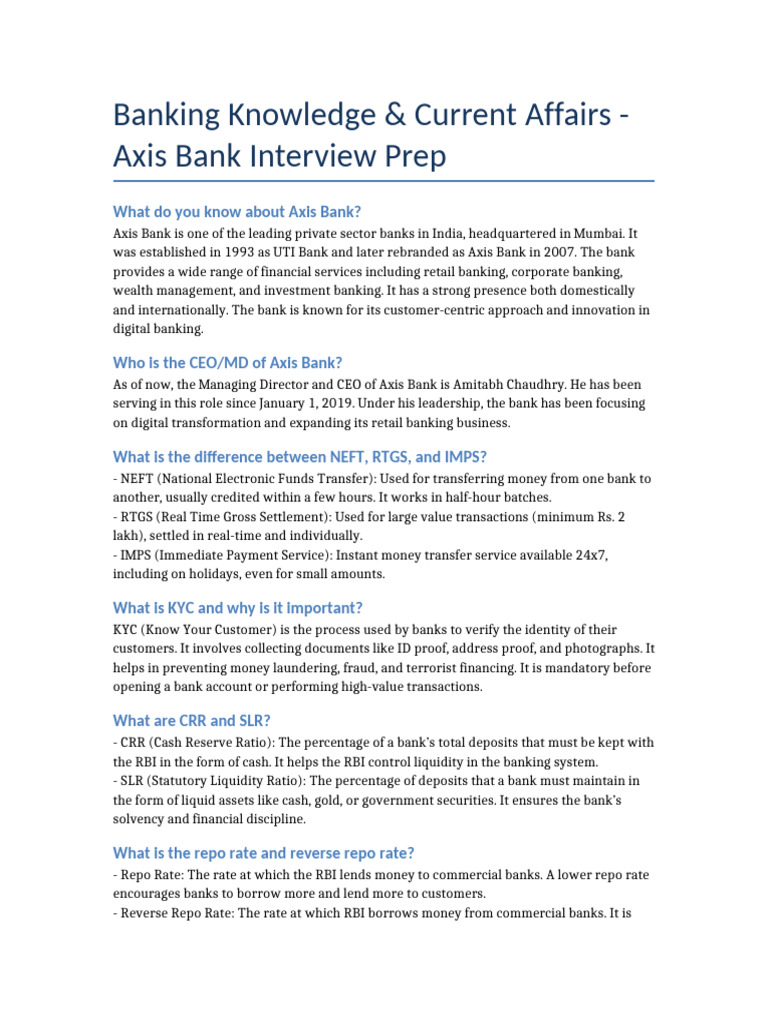 Axis Bank Interview Banking Knowledge | PDF | Reserve Bank Of India | Banks