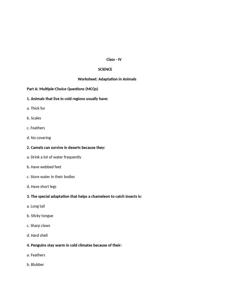 Class 4 Animal Adaptation Worksheet | PDF