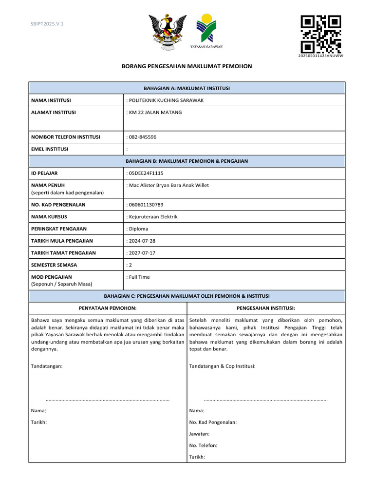 Borang Pengesahan Maklumat Pemohon: SBIPT2025.V.1 | PDF