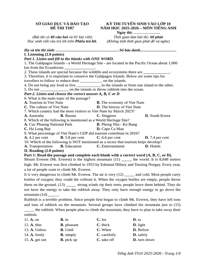 THCS Dong Chieu - de Thi Thu TS 10 - 2025-2026 | PDF | Mount Everest | Basket Weaving