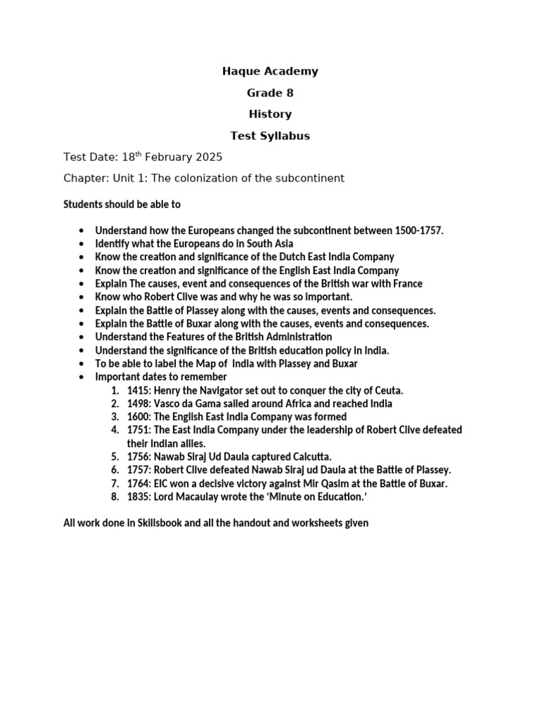 History Test Syllabus (Colonization) | PDF