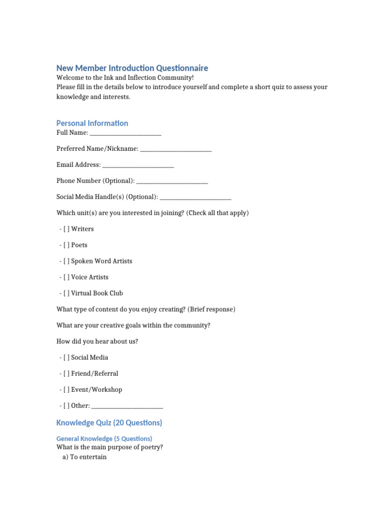 New Member Introduction Questionnaire | PDF | Poetry | Spoken Word