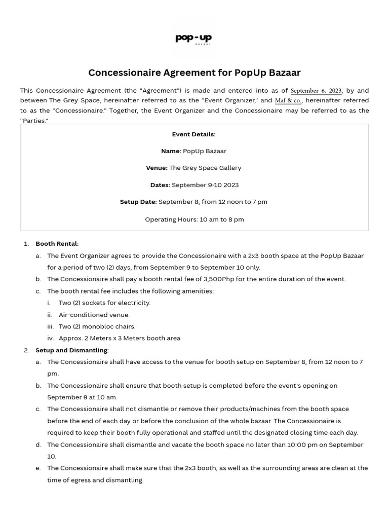 Concessionaire Agreement Form PopUp Bazaar - PDF - MAF&C0. Signed | PDF | Business Law | Common Law