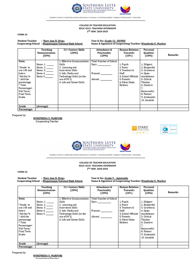 Teaching Internship Evaluation Form 10 | PDF | Teachers | Procedural ...