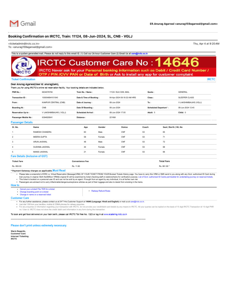 Booking Confirmation On IRCTC, Train 11124, 08-Jun-2024, SL, CNB - VGLJ ...